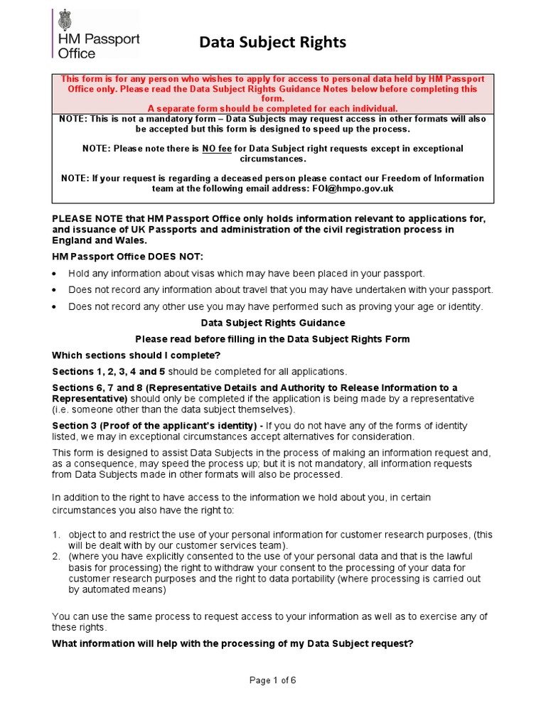 Data Subject Rights: Page 1 of 6 | PDF | Identity Document | Passport