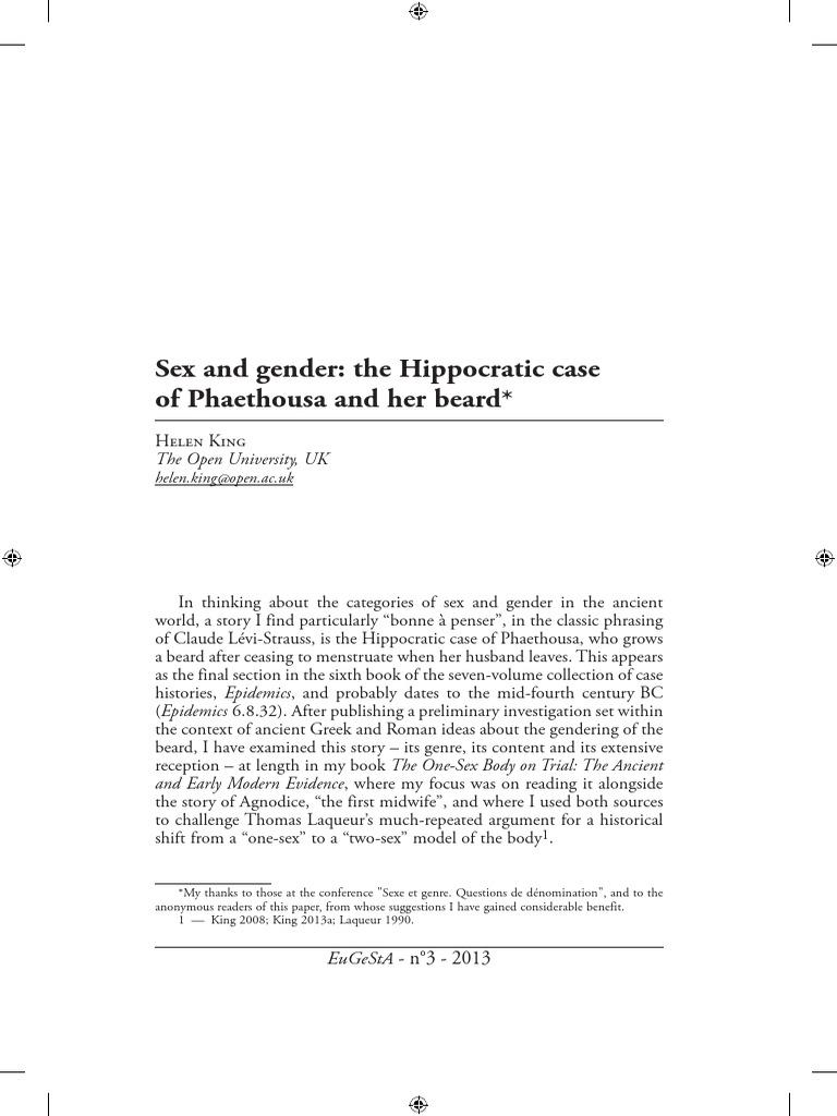 Sex and Gender: The Hippocratic Case of Phaethousa and Her Beard | PDF ...