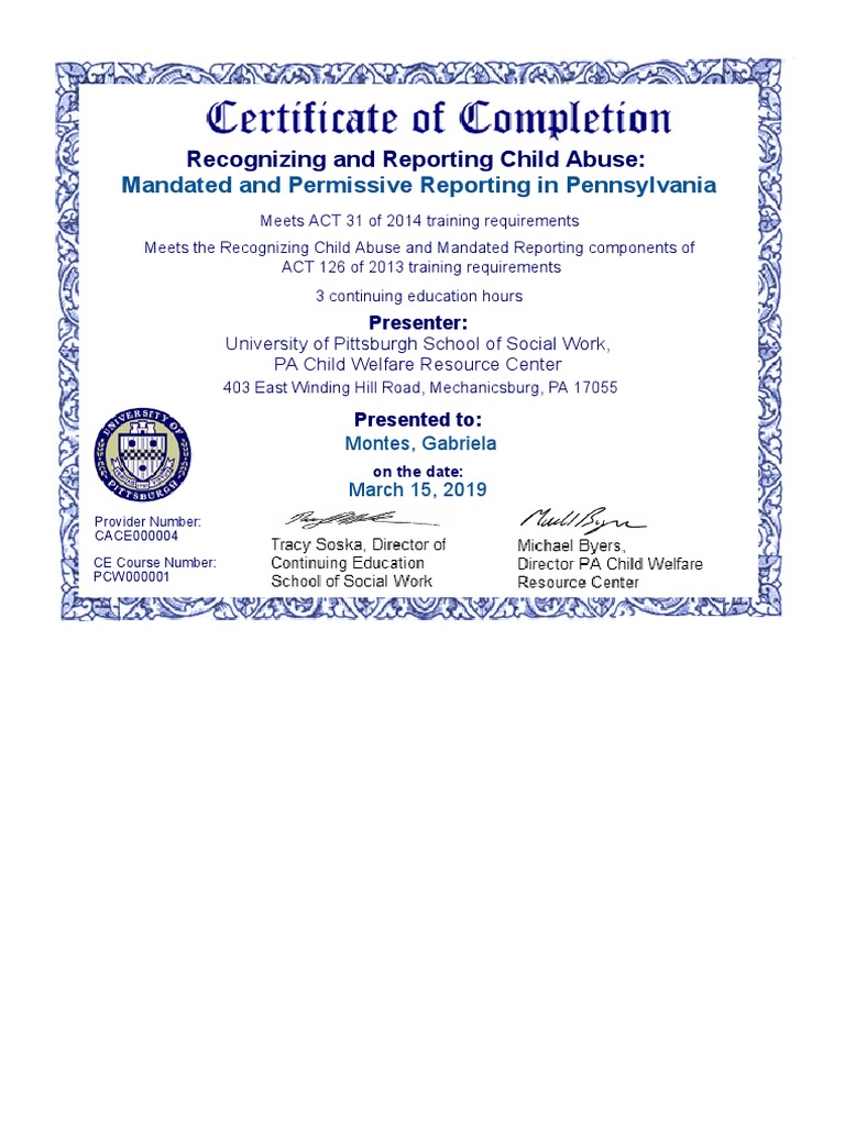 Mandated Reporting Certificate of Completion | PDF