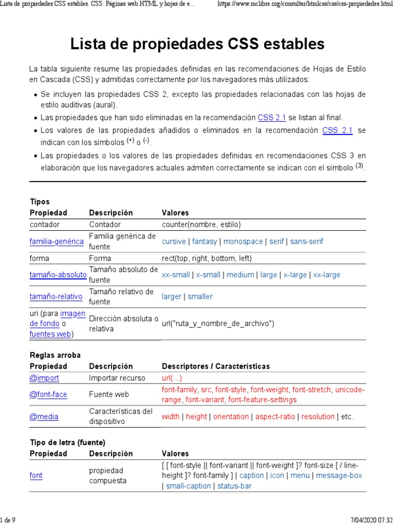 Propiedades CSS PDF | PDF | Hojas de estilo en cascada | Formatos de ...