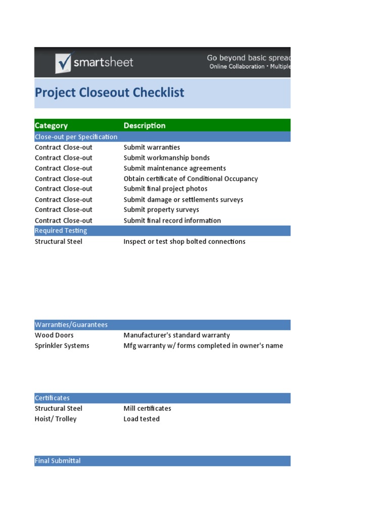 Project Closeout Checklist: Category Description | PDF | Home & Garden ...