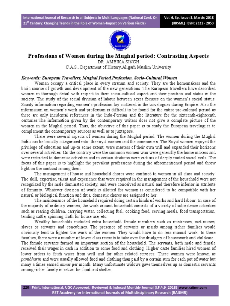 Contrasting Professions of Women During the Mughal Period: A Study of ...