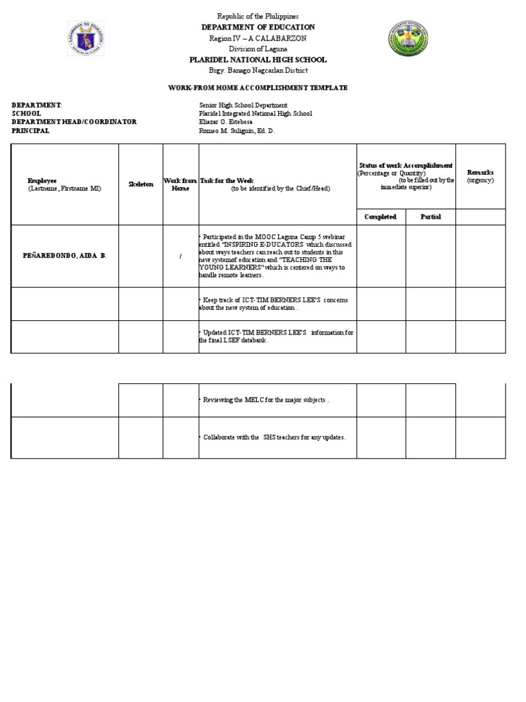 Tracking Teacher Accomplishments During Work-From-Home: A Weekly ...