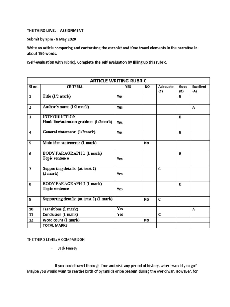 Article Writing Rubric: YES NO Adequate (C) Good (B) Excellent (A ...
