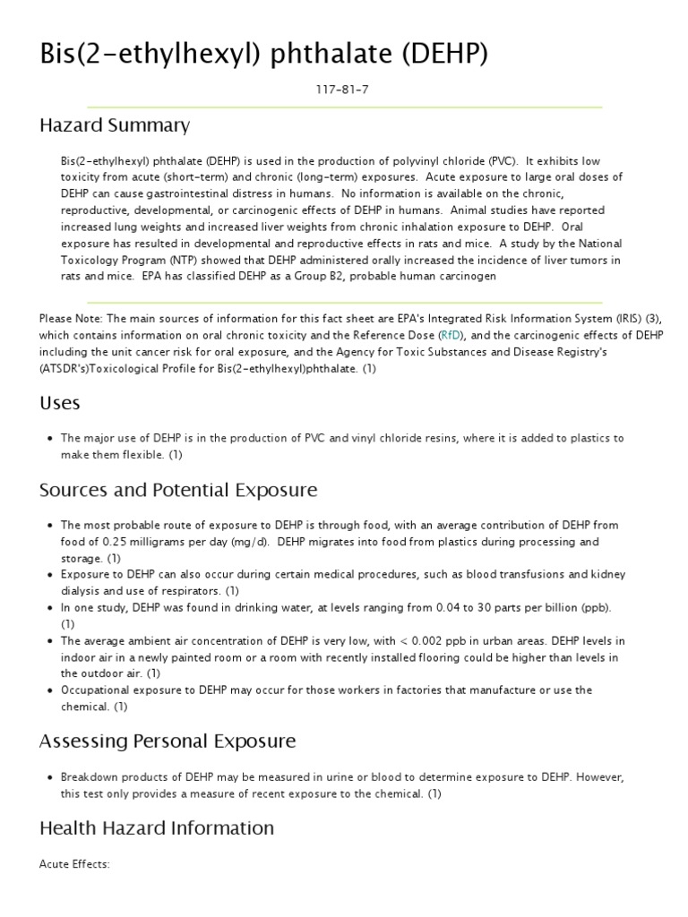 Bis (2-Ethylhexyl) Phthalate (DEHP) : Hazard Summary | PDF | Toxicity ...