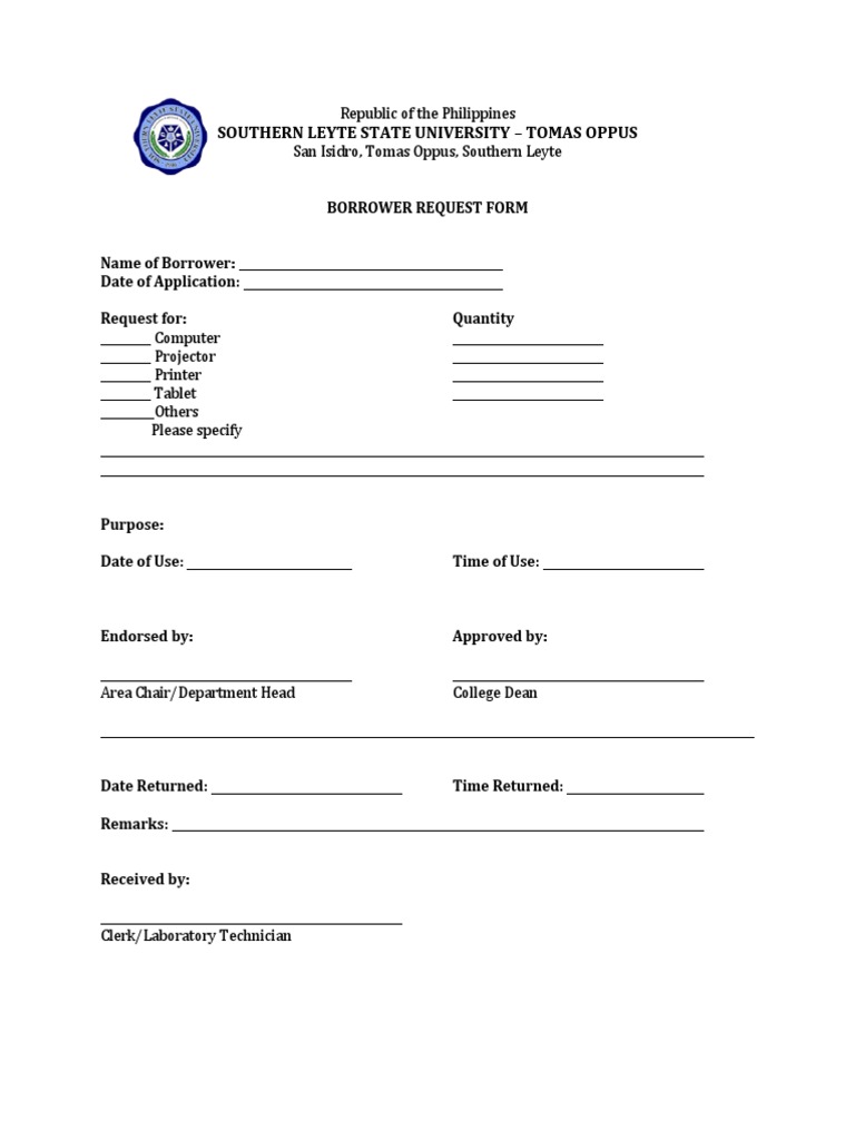 Southern Leyte State University - Tomas Oppus: Borrower Request Form | PDF