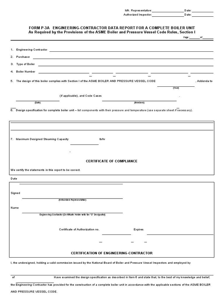 FORM P-3A ENGINEERING-CONTRACTOR DATA REPORT FOR A COMPLETE BOILER UNIT ...