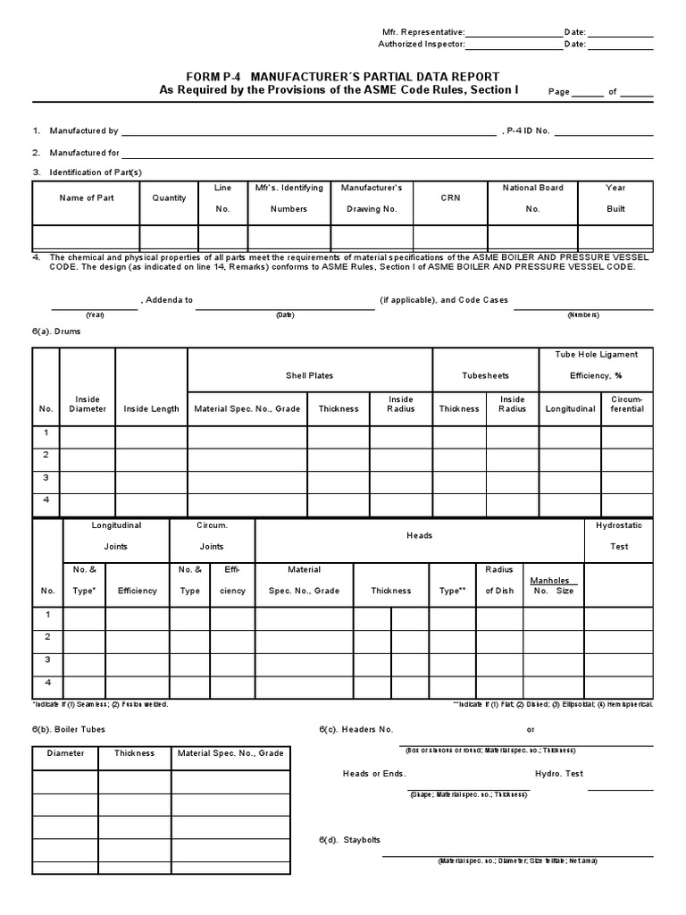 Form P-4 Manufacturer S Partial Data Report As Required by The Provisions of The ASME Code Rules ...