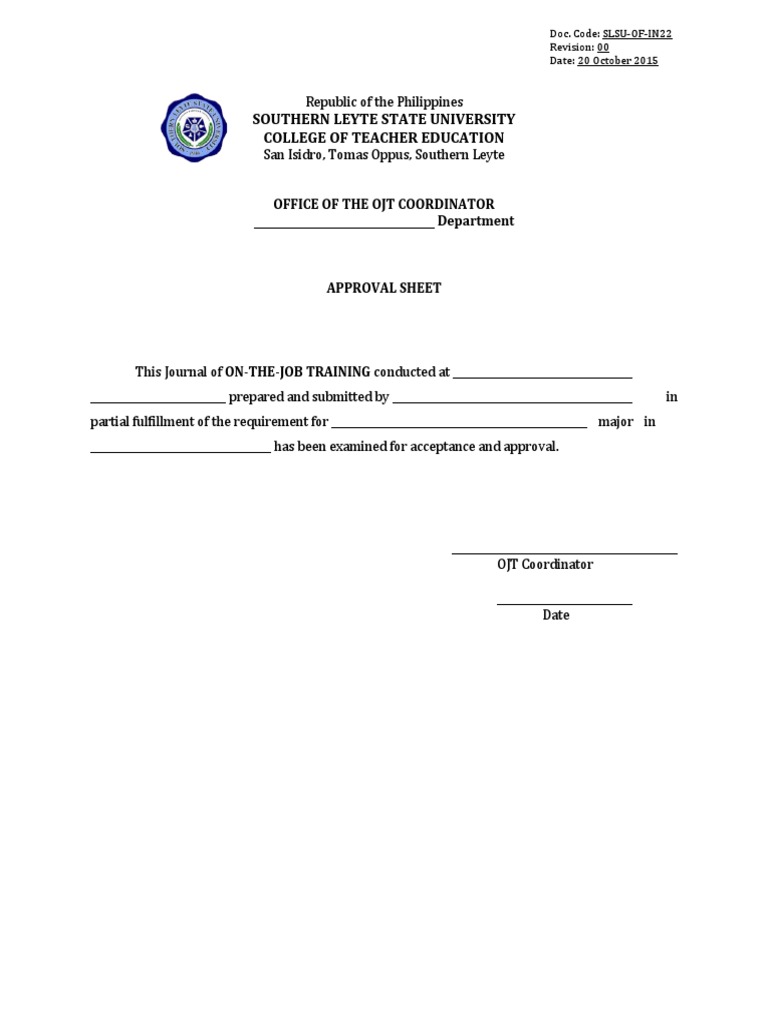 OJT Journal Approval Sheet Template | PDF