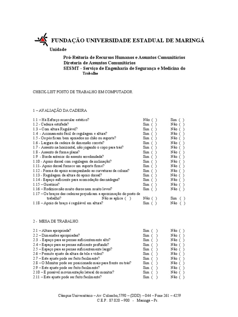 Check-list Ergonômico para Posto de Trabalho | PDF | Computação e ...