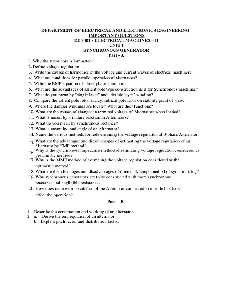 EE8401 Electrical Machines - II Important Part A, Part B & Part C ...