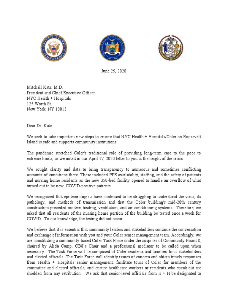 Roosevelt Island Coler Task Force Letter From Elected Officials | PDF ...