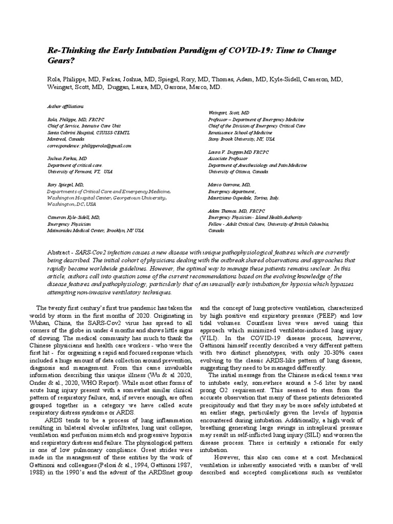 Re-Thinking The Early Intubation Paradigm of COVID-19: Time To Change ...