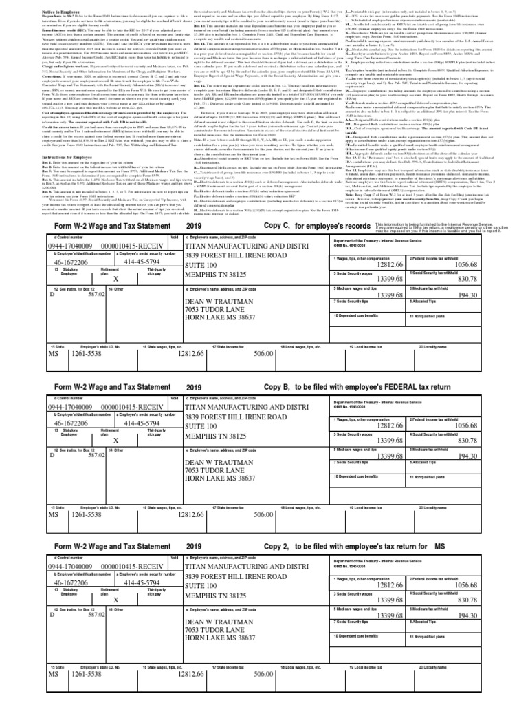 Form W-2 Wage and Tax Statement 2019 Copy C, For Employee's Records ...