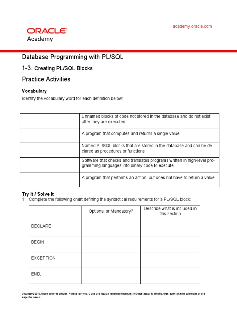 Database Programming With Pl Sql 1 3 Practice Activities Pdf Pl Sql Computer Program