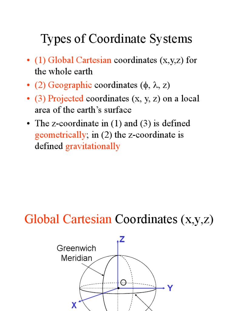 Types of Coordinate Systems: - (1) Global Cartesian - (2) Geographic ...