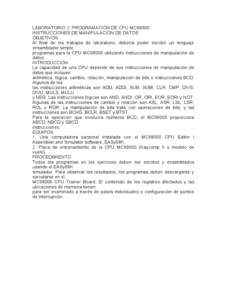Programación MC68000: Instrucciones de Datos | PDF | Lenguaje ensamblador | Unidad Central de ...