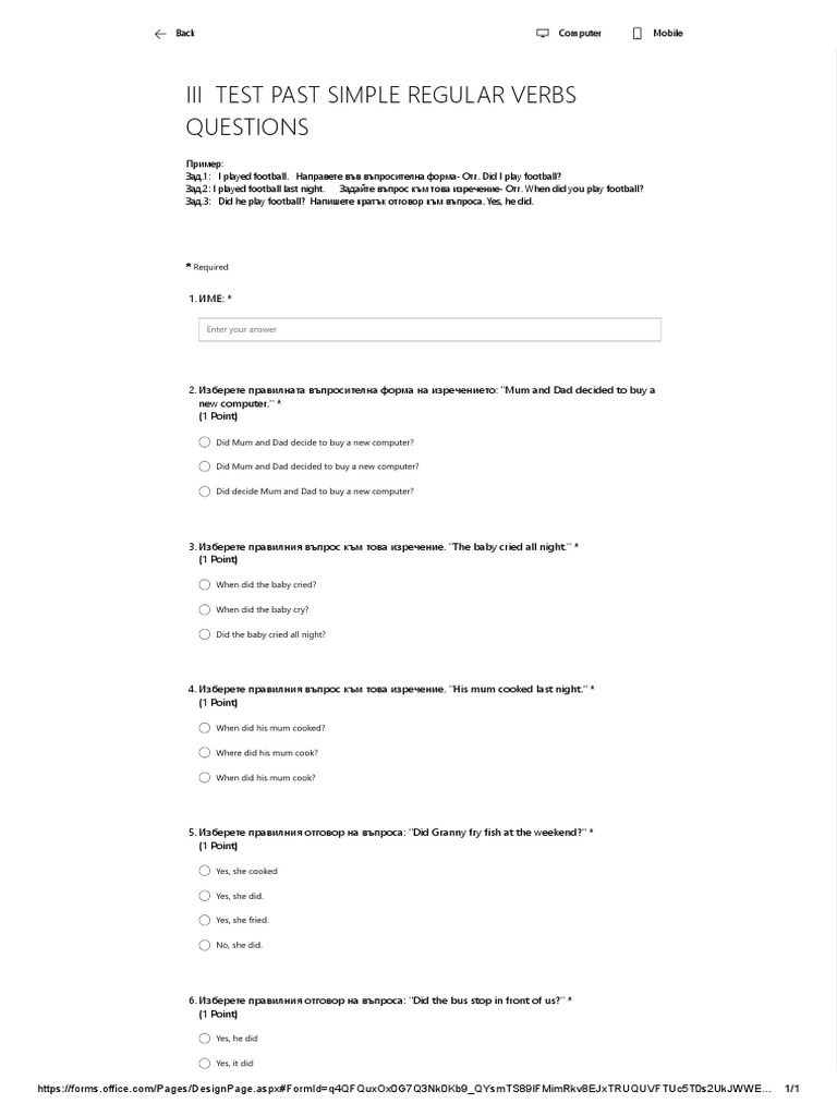 Test on Past Simple Regular Verbs | PDF