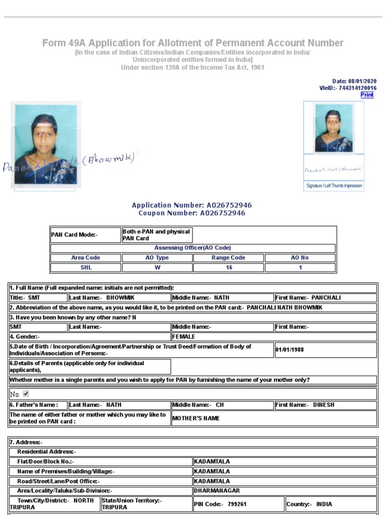 Form 49A Application For Allotment of Permanent Account Number | PDF ...