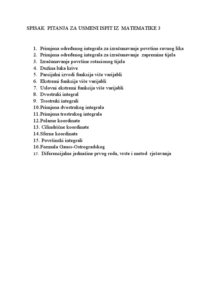Spisak Pitanja Za Usmeni Ispit Iz Matematike 3 | PDF