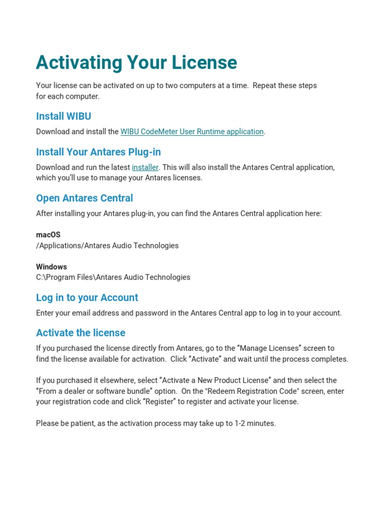 Activating Your License: Install WIBU Install Your Antares Plug-In | PDF