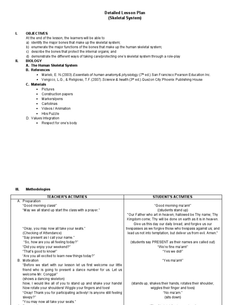 Skeletal System Sample Detailed Lesson Plan | PDF | Skeleton | Bone