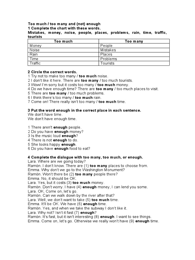 Exercises on Too Much/Too Many | PDF