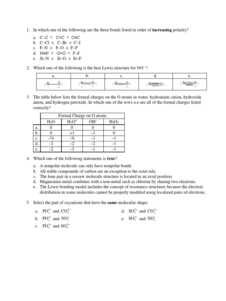 Increasing Polarity and Lewis Structures Quiz | PDF | Molecular Orbital ...