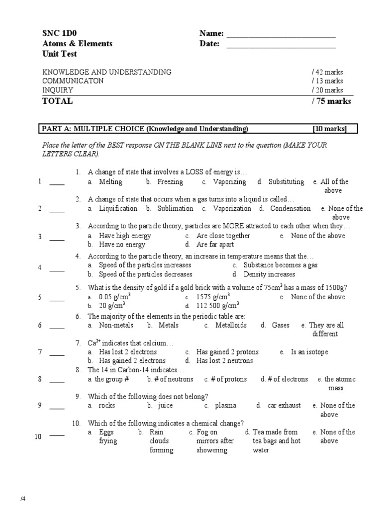 SNC 1D0 Name: - Atoms & Elements Date: - Unit Test | PDF | Chemical ...