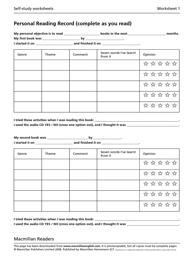 Personal Reading Record (Complete As You Read) : Self-Study Worksheets ...