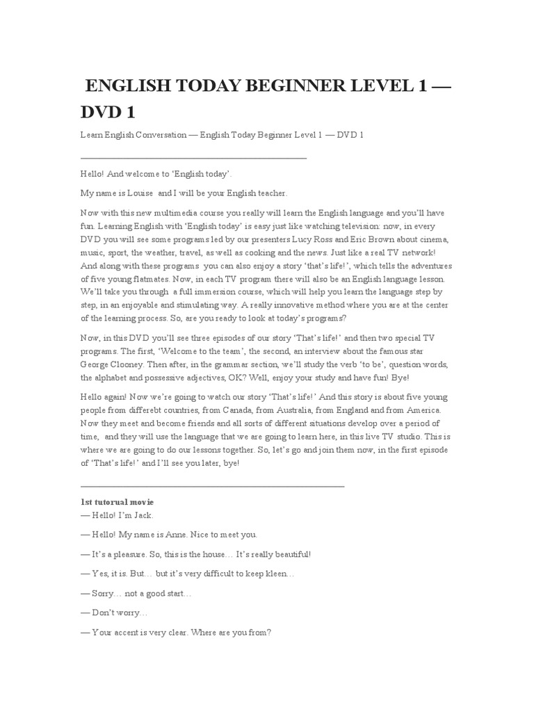 English Today Beginner Level 1 - DVD 1: 1st Tutorual Movie | PDF ...