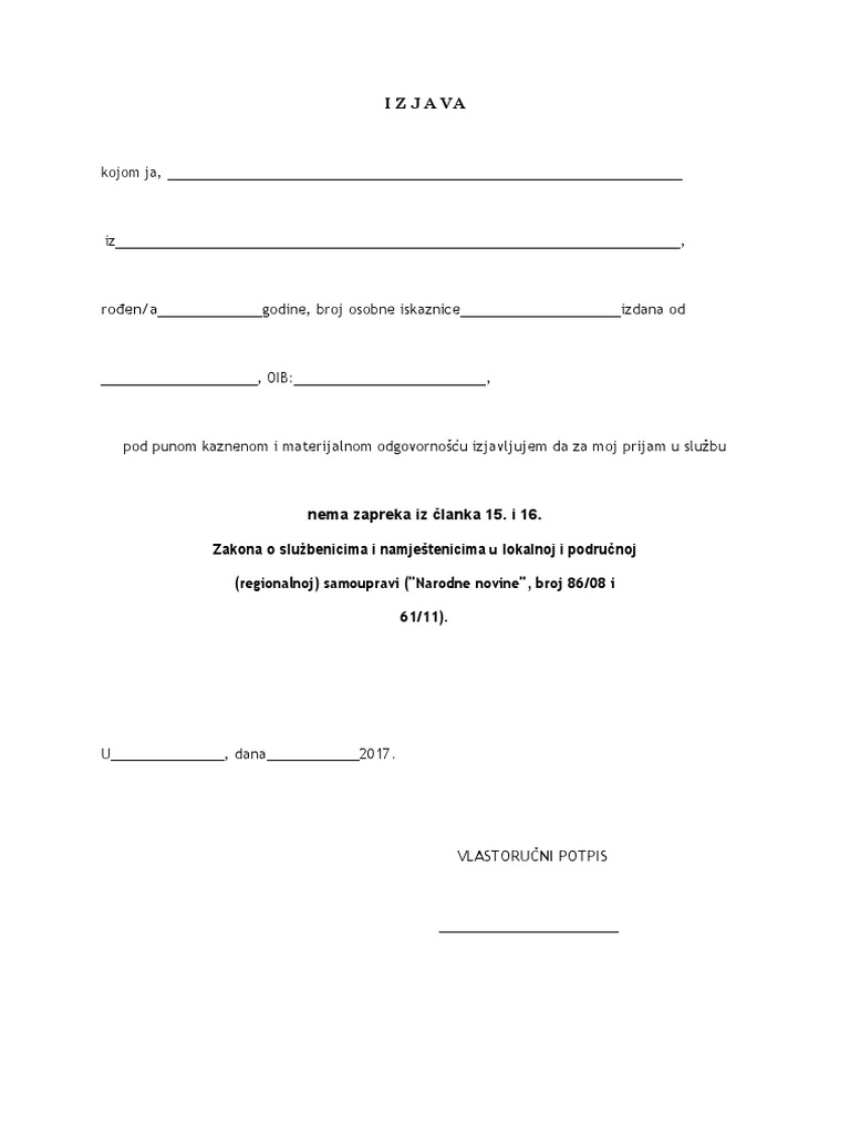 Izjava o Nepostojanju Zapreka Za Prijam U Sluzbu ...