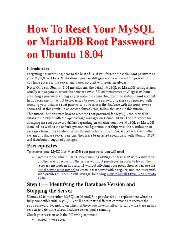 How To Reset Your MySQL or MariaDB Root Password On Ubuntu 18 | PDF | Superuser | Sudo
