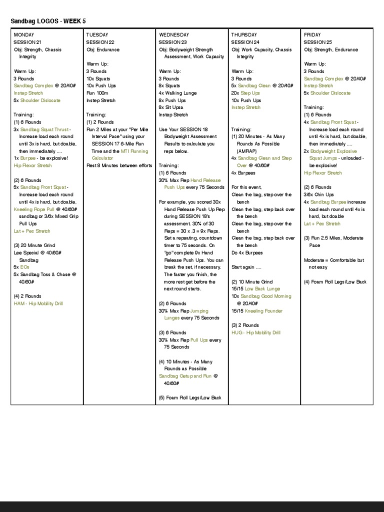 Sandbag LOGOS - WEEK 5 | PDF | Physical Exercise | Recreation
