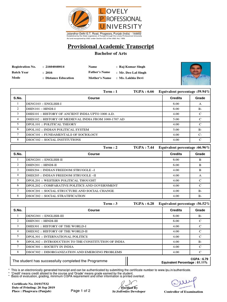 Provisional Academic Transcript: Bachelor of Arts | PDF | Educational ...