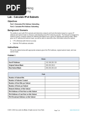 Lab Calculate IPv4 Subnets Objectives Part 1: Determine, 57% OFF