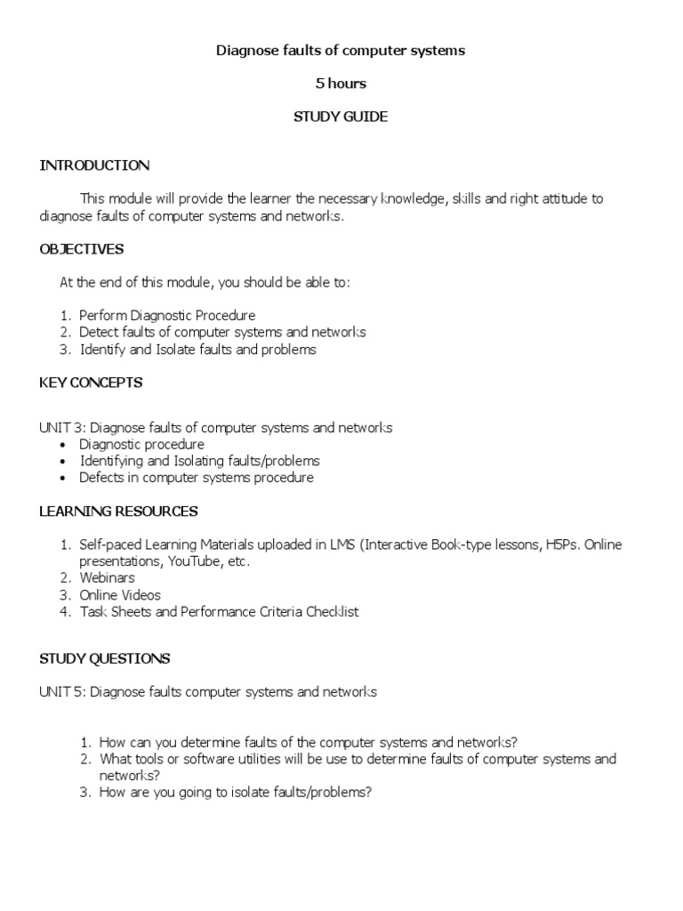 Study Guide - Diagnose Faults of Computer Systems and Networks | PDF ...