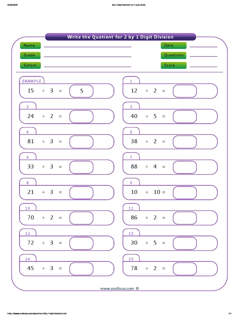 2 by 1 Digit Division Worksheet | PDF