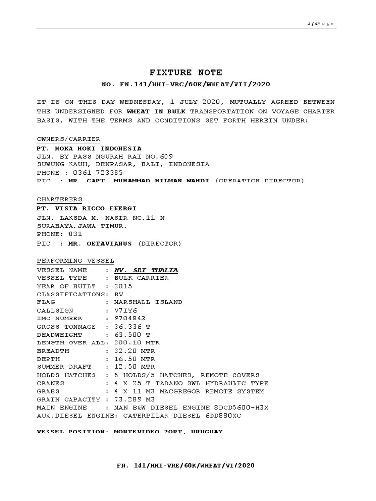 Fixture Note PT HHI-PT VISTA RICCO ENERGI MV SBI THALIA PDF | Download Free PDF | Cargo | Shipping