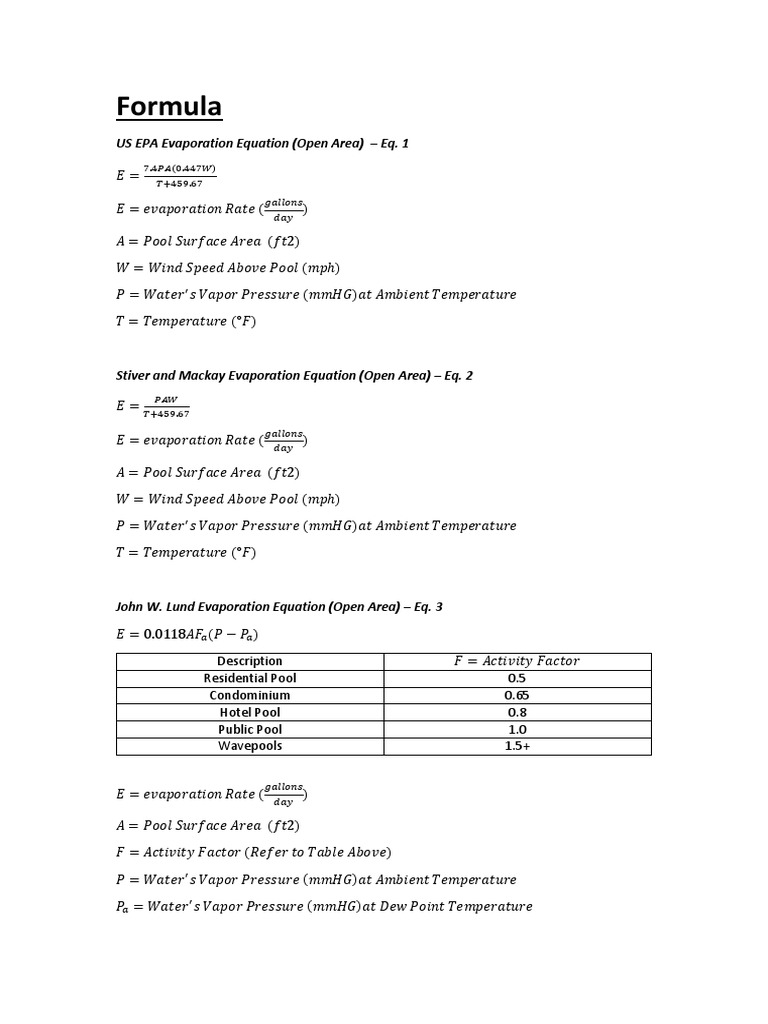 Formula: US EPA Evaporation Equation (Open Area) - Eq. 1 | PDF ...