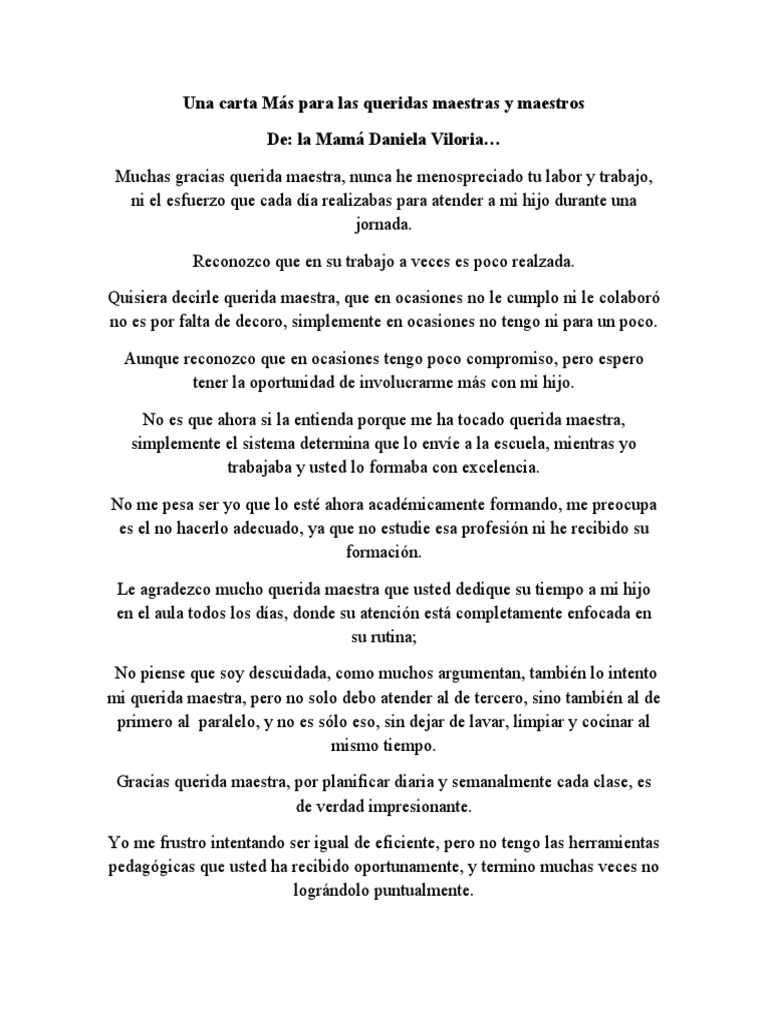 Una carta Más para las queridas maestras y maestros De: la Mamá Daniela ...