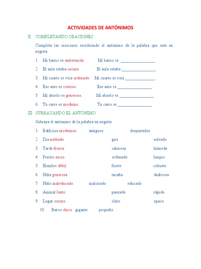 Actividades de Antonimos | PDF
