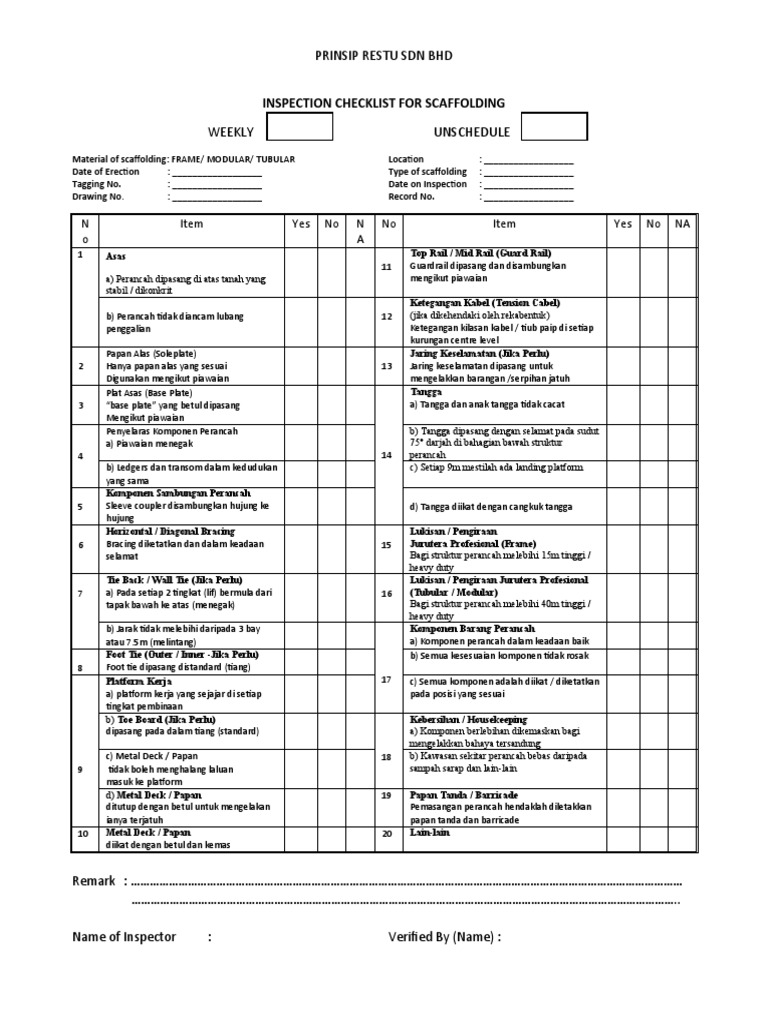 Checklist Inspeksi Perancah Mingguan | PDF