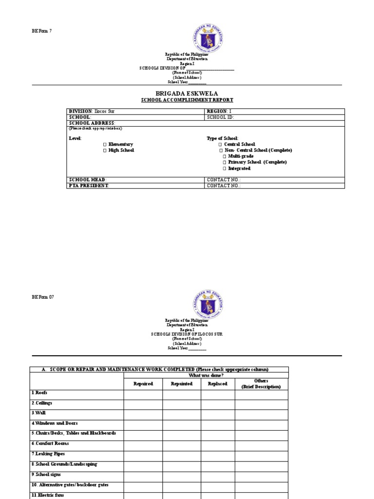 BE Form 7 - SCHOOL ACCOMPLISHMENT REPORT | PDF | Building Engineering ...