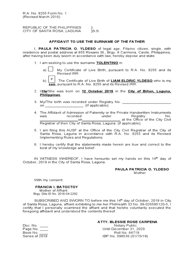 Affidavit To Use The Surname of The Father September 2019 | PDF ...