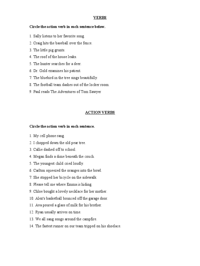 Verbs Circle The Action Verb in Each Sentence Below | PDF | Grammar ...