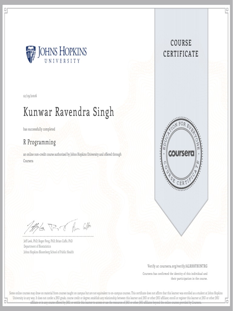 R Programming - Certificate - Kunwar Ravendra Singh | PDF | Johns Hopkins University | Learning