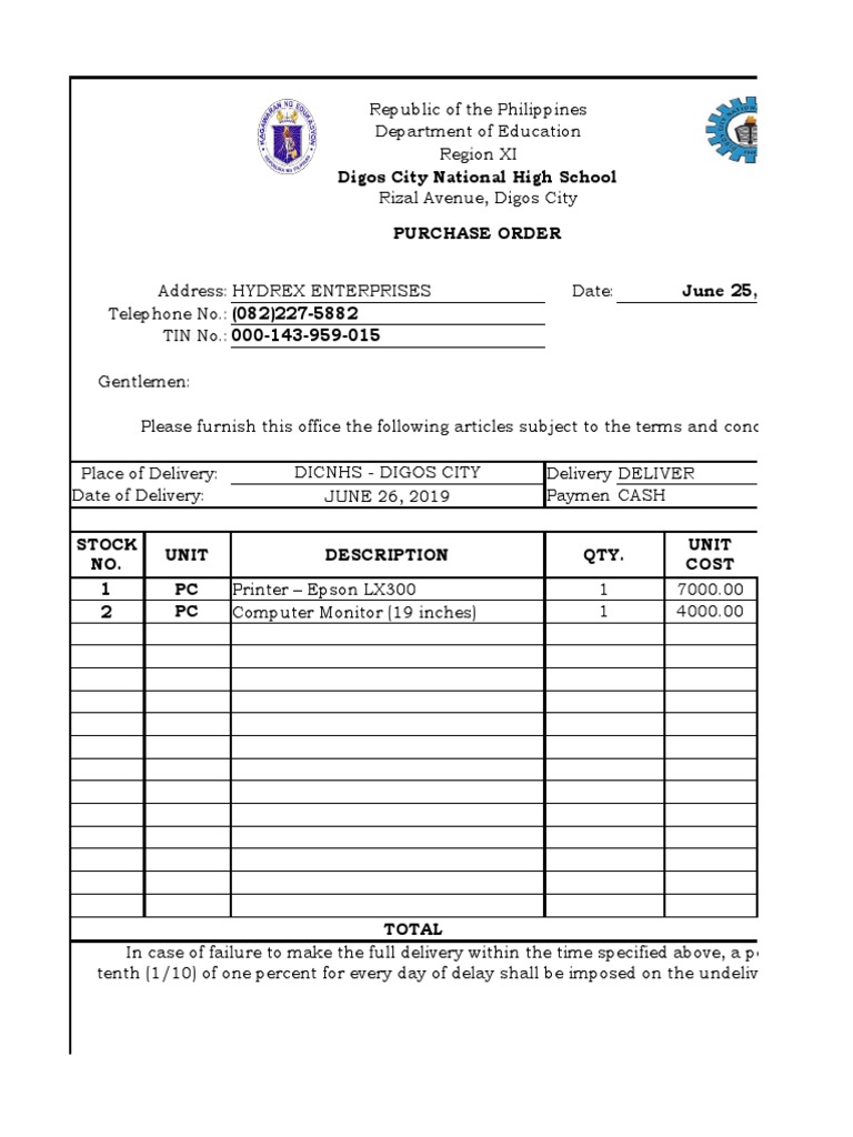 Digos City National High School Purchase Order June 25, 2019 | Download ...
