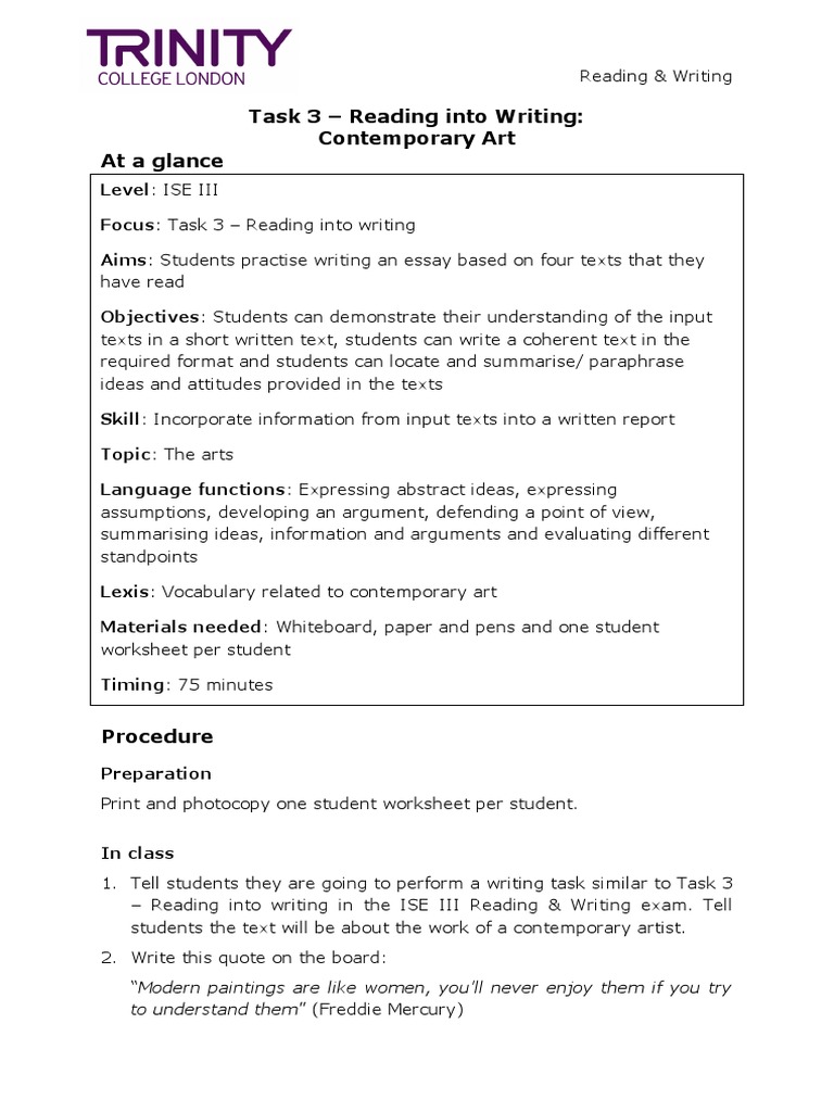 ISE III - Task 3 - Reading Into Writing - CA2 (Contemporary Art) | PDF ...