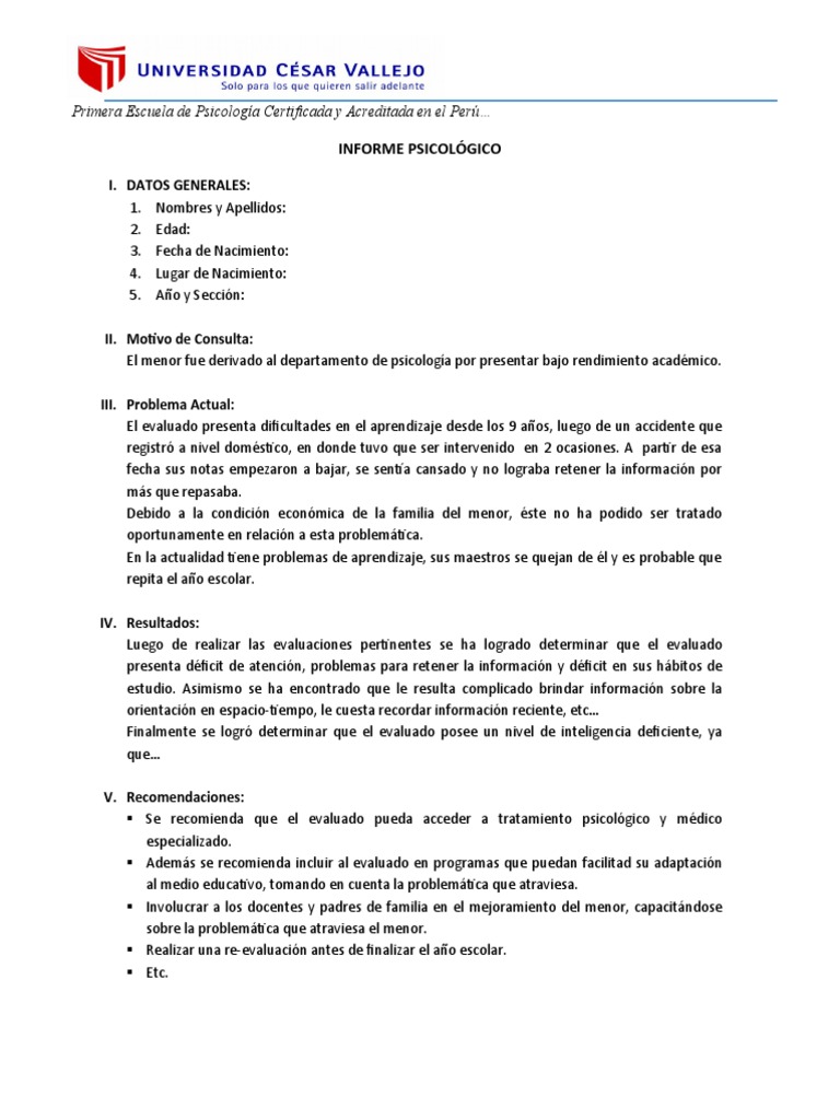 Modelo de Informe Psicológico | PDF